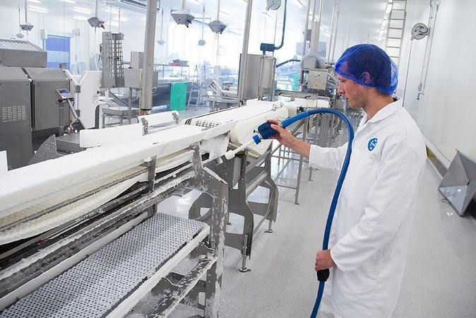 Cleaning a production area with a clean-in-place (CIP) installation.